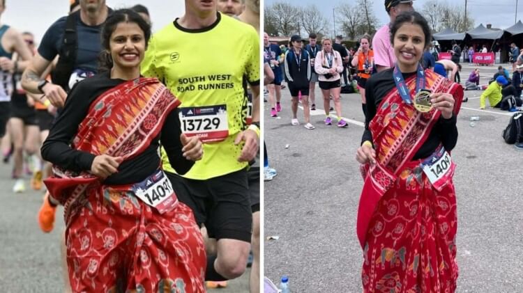 UK: Indian woman runs marathon in Britain Marathon wearing Sambalpuri ...
