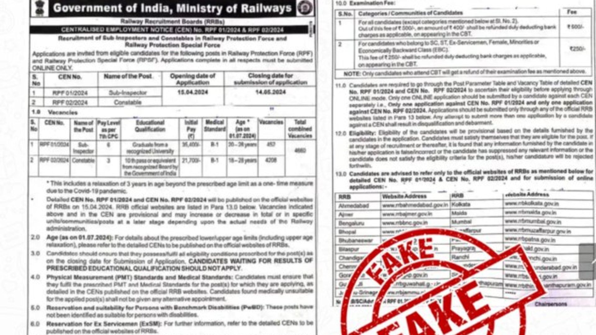 Rrb Rpf Recruitment Notice For Si Constable Vacancies Are Fake, Pib ...