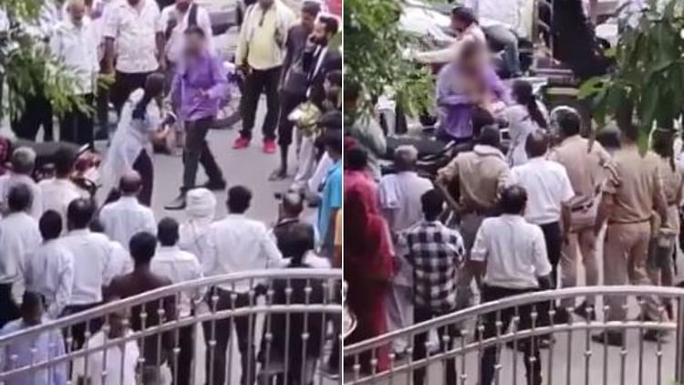 Woman Beat Her Husband With Slippers At The Gate Of The Court In