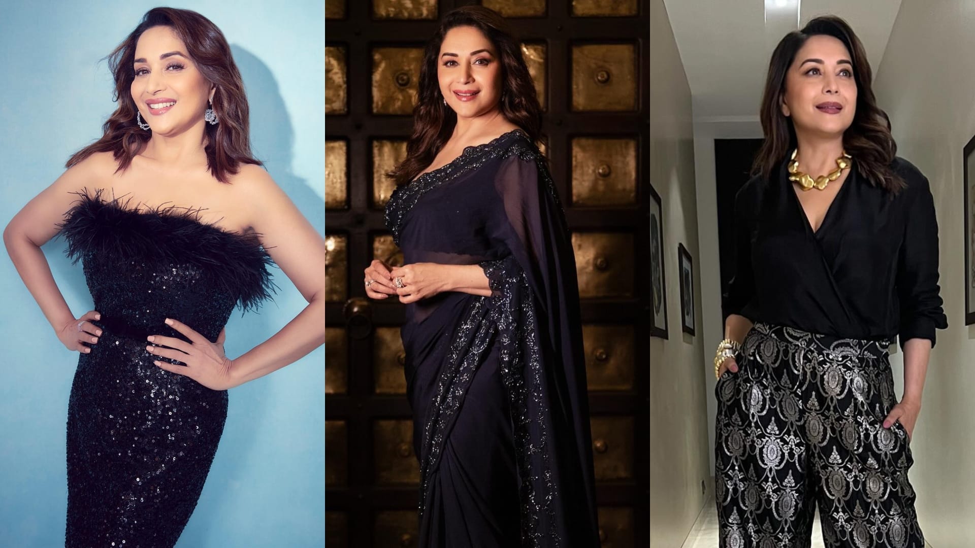 Bollywood Actress Madhuri Dixit Trendy Black Outfit Collection Saree To Bodycon Dress - Amar ...