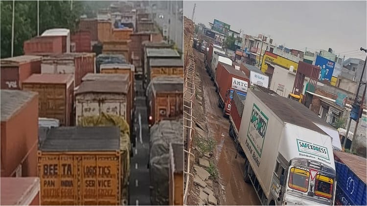 Up:मथुरा में बाद गांव पर पुल के नीचे जलभराव से दिल्ली हाईवे पर भीषण जाम ...