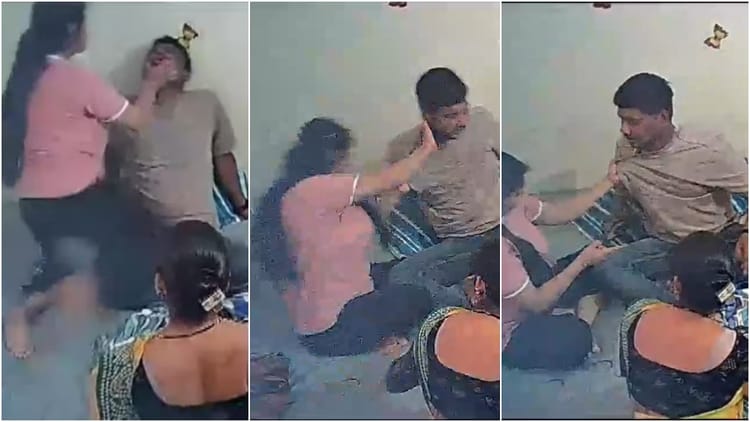 Mp:सीसीटीवी में चांटे मारती दिखी पत्नी, पति बोला- मुझे बचाओ... लात ...