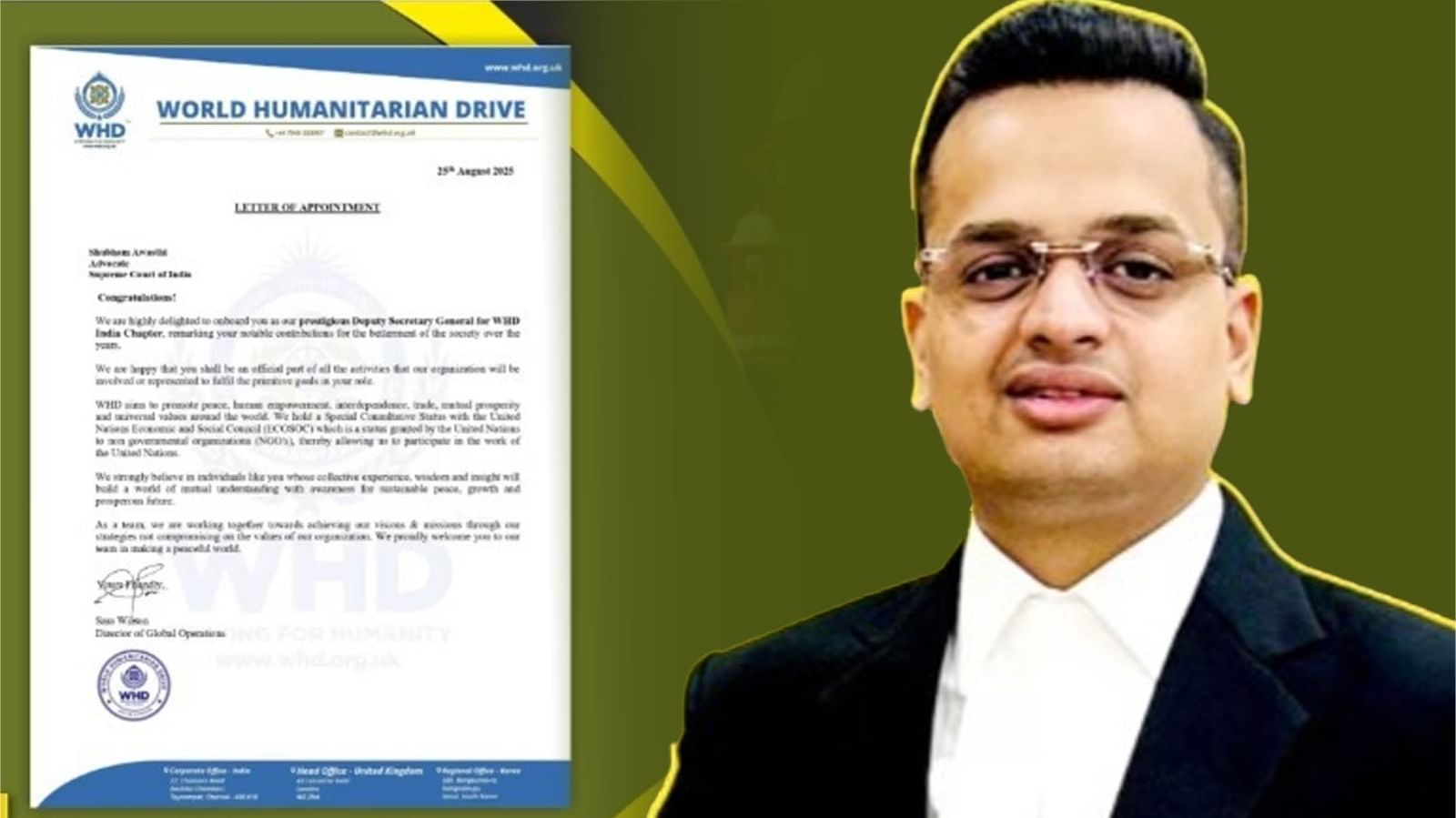 Supreme Court Advocate Shubham Awasthi World Humanitarian Drive London ...